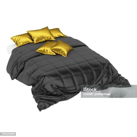 흰색 시트 검은 색 담요와 흰색 배경에 금 베개침대 3d 렌더링 0명에 대한 스톡 사진 및 기타 이미지 0명 3차원 형태