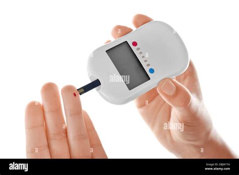 Woman Testing Glucose Level With Digital Glucometer On White Background Diabetes Concept Stock