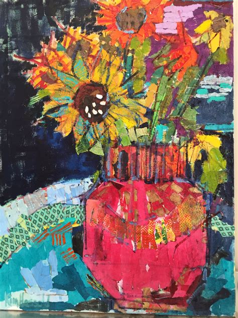 Pump Up The Volume 12091 Torn Paper Collage Mixed Media Floral Painting
