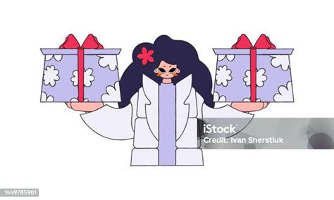 한 여성이 선물 상자를 들고 있다 휴일과 선물의 개념 80 년대와 90 년대 스타일의 밝은 캐릭터 귀여운에 대한 스톡 벡터 아트 및 기타 이미지 Istock