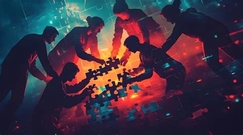 Teamwork Silhouette Puzzle Solution Red Blue Glow Premium Ai