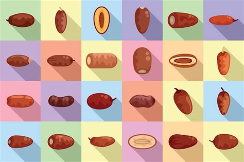 Premium Vector Date Fruit Icons Set Flat Vector Leaf Food Dried Palm