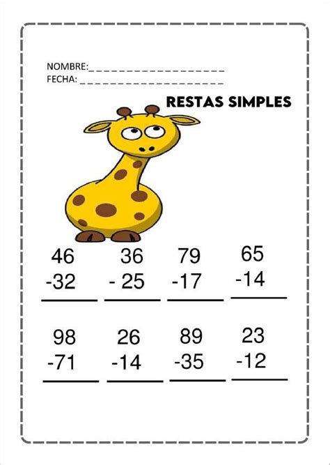 Restas Simples Práctica De La Caligrafía Memorización Educación Básica