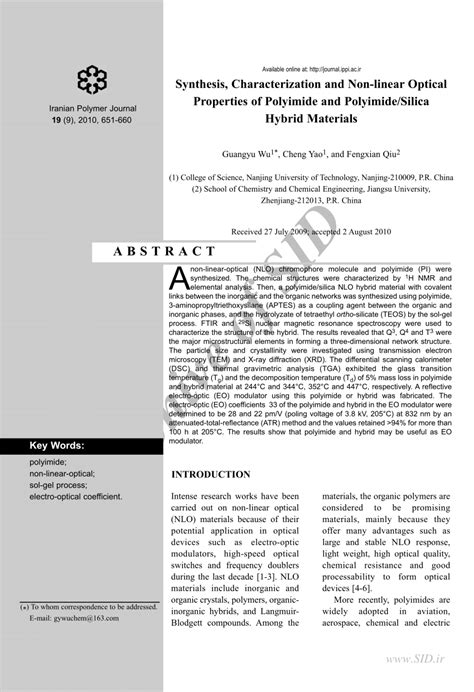 Pdf Synthesis Characterization And Non Linear Optical Properties Of Polyimide And Polyimide