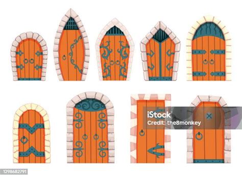 동화 문 중세 중세 성 또는 요새의 요소 돌 아치 단조 금속 힌지가있는 나무 포털 흰색 배경에 격리 된 벡터 만화 게이트 문에 대한 스톡 벡터 아트 및 기타 이미지 Istock