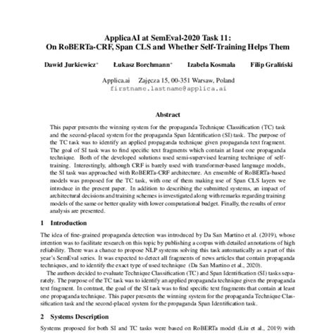 Applicaai At Semeval 2020 Task 11 On Roberta Crf Span Cls And Whether Self Training Helps Them