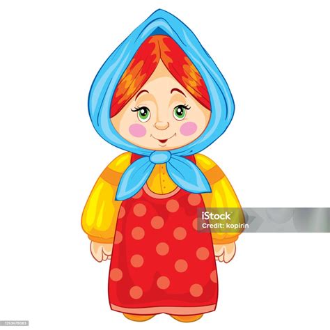 그녀의 머리와 오래된 드레스에 스카프를 가진 어린 소녀 딸 이나 손녀 동화 캐릭터 흰색 배경에 고립 된 개체 벡터 일러스트