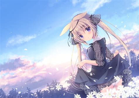 Animal Ears Ass Blush Brown Hair Bunny Ears Clouds Dress Flowers