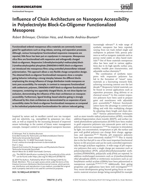 Pdf Influence Of Chain Architecture On Nanopore Accessibility In Polyelectrolyte Block‐co