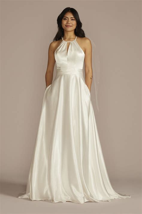 High Halter Neck Wg4101 Satin A Line Wedding Dress With Side Pockets