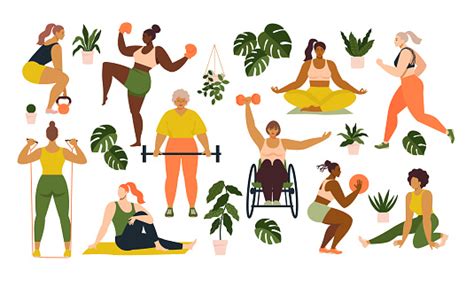 스포츠 요가 조깅 점프 스트레칭 피트니스를 하는 여성들 스포츠 여성 벡터 플랫 일러스트레이션은 흰색 배경에 분리되어 있다 운동에 대한 스톡 벡터 아트 및 기타 이미지
