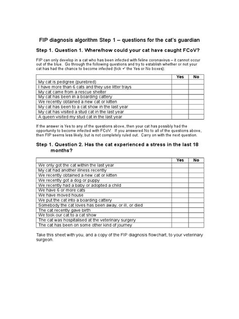 Fip Diagnosis Algorithm Step 1 Questions For The Cats Guardian Pdf