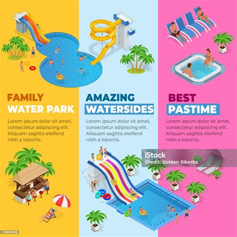 Aquapark 수직 웹 다른 워터 슬라이드 가족 워터 파크 힐스 튜브 배너 및 풀 아이소메트릭 벡터 일러스트 레이 션 웹 사이트 광고 배너 포스터 보드 인쇄를 위한 디자인