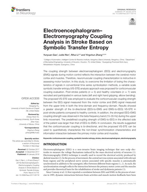 Pdf Electroencephalogram Electromyography Coupling Analysis In Stroke Based On Symbolic