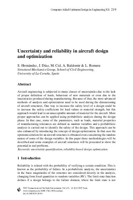 Pdf Uncertainty And Reliability In Aircraft Design And Optimization