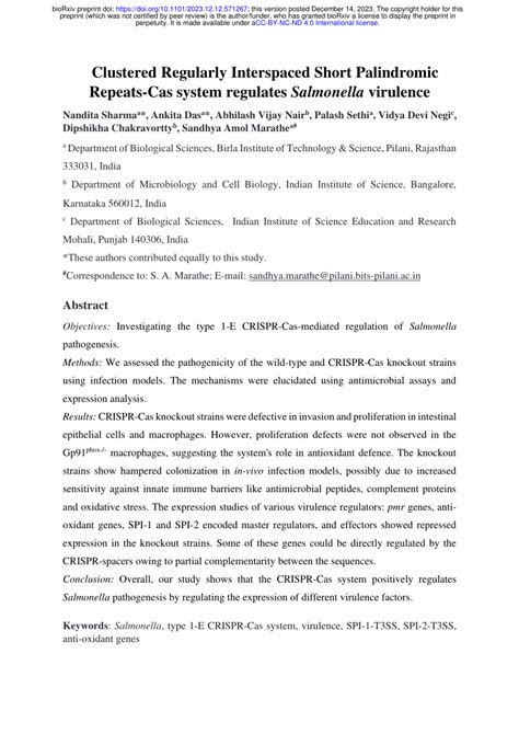 Pdf Clustered Regularly Interspaced Short Palindromic Repeats Cas System Regulates Salmonella