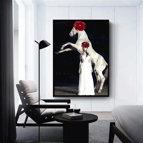 북유럽 그림 현대 백마 붉은 꽃 섹스 레이디 캔버스 회화 인쇄 포스터 거실 침실 벽 아트 홈 장식그림 And 서예