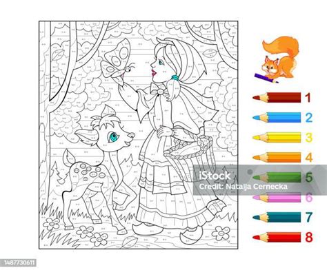 어린이를 위한 수학 교육 색칠 공부 덧셈과 뺄셈에 대한 수학 연습 예를 풀고 숲에서 소녀를 칠하십시오 계산 기술 개발 아이들을 위한 인쇄 가능한 워크시트 색칠하기에 대한