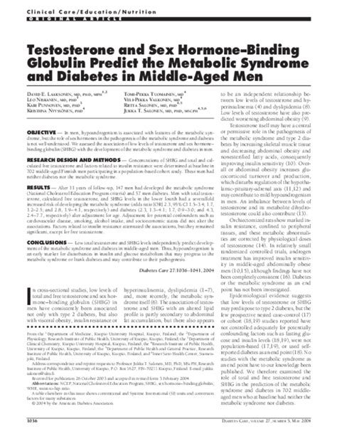Pdf Testosterone And Sex Hormone Binding Globulin Predict The