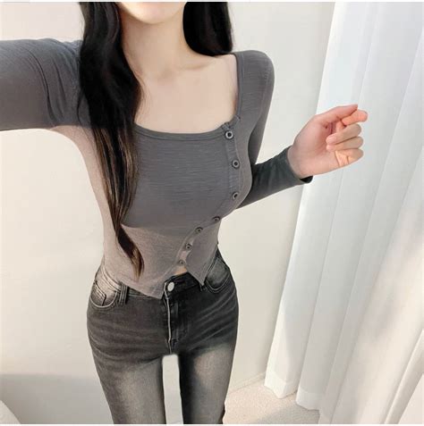 여리 섹시핏 스퀘어 언발 가디건 긴팔 티셔츠 사선 크롭 데일리 에이블리