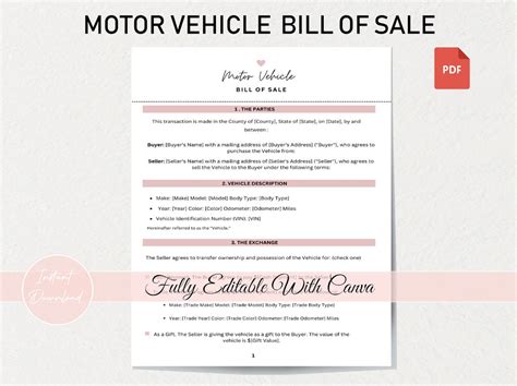 Fully Editable Motor Vehicle Bill Of Sale Template Printable Car Bill