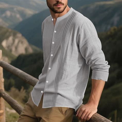 Cosfo Mens Long Sleeve Button Down Shirts Cotton Linen Gray Mock Neck