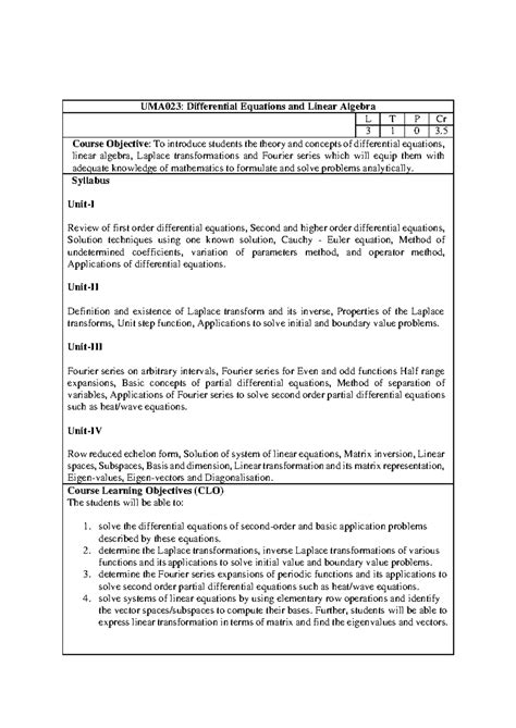 Syllabus For Diff Equations And Linear Algebra Uma023 Course Overview