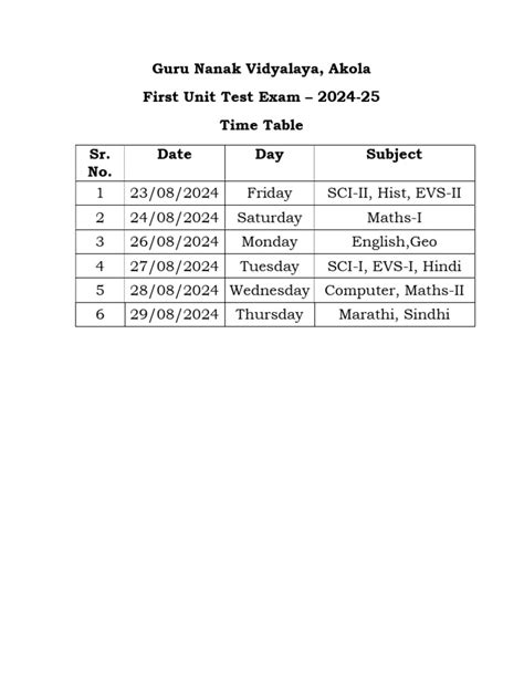 Unit Test Time Table Pdf