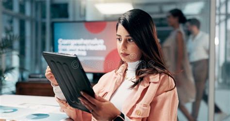 research business woman and tablet in office with data campaign