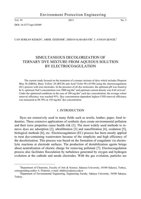 Pdf Simultaneous Decolorization Of Ternary Dye Mixture From Aqueous Solution By Electrocoagulation
