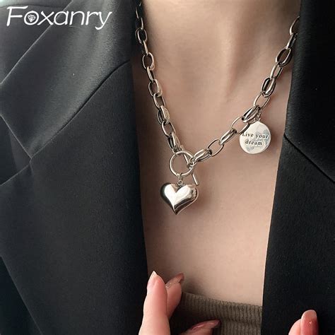 Foxanry 러브 하트 스웨터 목걸이 여성을 위한 파티 쥬얼리 새로운 패션 크리에이티브 Ot 버클 쇄골 체인 휴일 액세서리