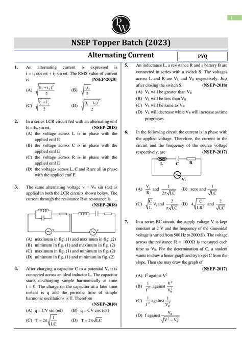 SOLUTION: Alternating current practice sheet only pdf - Studypool