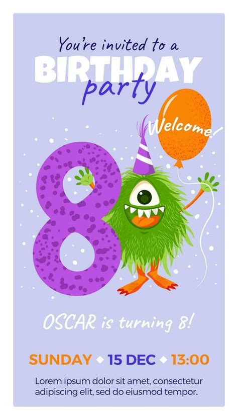 Eighth Birthday Party Invitation With Monster Number Eight Text And