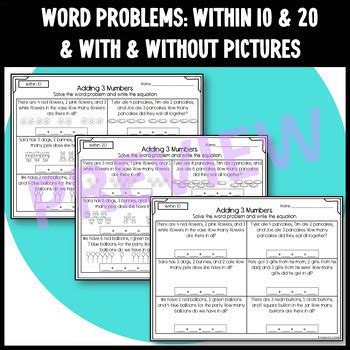 Adding Numbers Worksheets Number Line Word Problems Add Three Numbers
