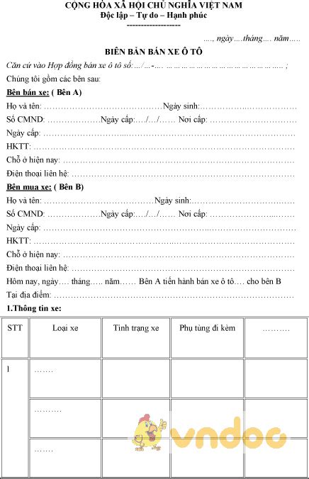 Mẫu Biên Bản Bán Xe ô Tô Hoatieuvn