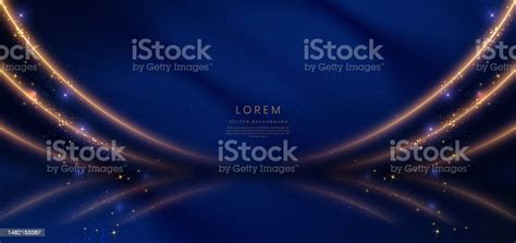 진한 파란색 배경에 추상적으로 빛나는 금색 곡선이 조명 효과가 있고 텍스트를 위한 복사 공간이 있는 반짝임 고급스러운 디자인