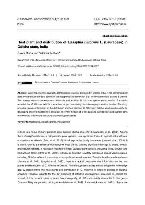 Pdf Host Plant And Distribution Of Cassytha Filiformis L Lauraceae In Odisha State India