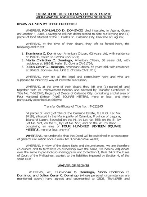 Domingo Extra Judicial Settlement With Waiver Of Rights Sample Pdf Concurrent Estate Property