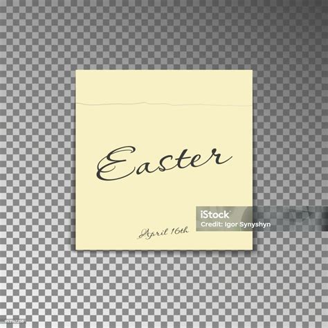 사무실 노란 포스트 텍스트 행복 한 부활절 주 및 날짜 16 4 월 투명 한 배경에 고립 된 그림자와 함께 종이 시트 스티커 벡터 일러스트입니다 0명에 대한 스톡 벡터 아트
