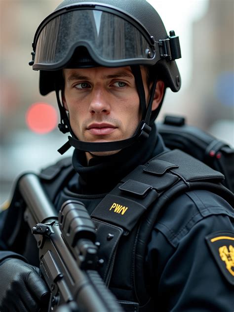 Man As A Swat Officer Wearing Black Swat Vest Swat Helmet Holding