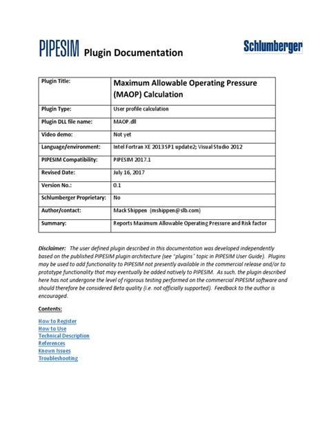 Plugin Documentation Maximum Allowable Operating Pressure Maop
