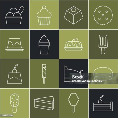 세트 라인 체리 치즈 케이크 마카롱 쿠키 아이스크림 브라우니 초콜릿 와플 콘 푸딩 커스터드 그릇 및 케이크 아이콘 벡터 꽃병에 대한 스톡 벡터 아트 및 기타 이미지 Istock