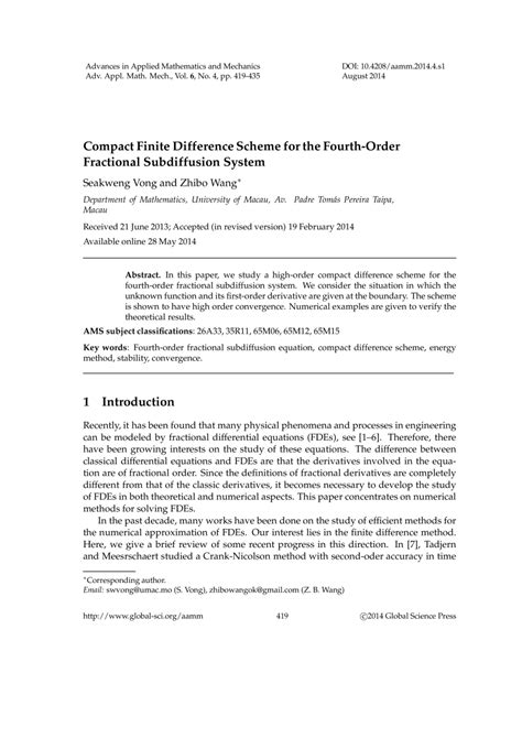 Global Science Press Compact Finite Difference Scheme For The Fourth