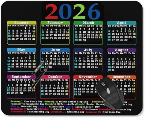 2026 Calendar Mouse Pad Black Background With Monthly