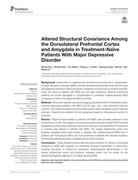 Pdf Altered Structural Covariance Among The Dorsolateral Prefrontal Cortex And Amygdala In