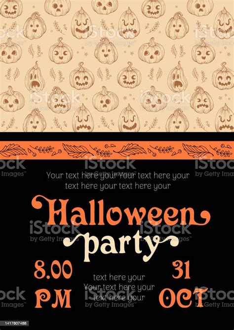 즐거운 할로윈 보내세요 잭 오 랜턴과 파티 초대장 빈티지 레터링 패턴 무섭고 재미있는 얼굴로 손으로 그린 스타일의 호박 프레임 템플릿 엽서 배너 전단지의 경우 할로윈에 대한