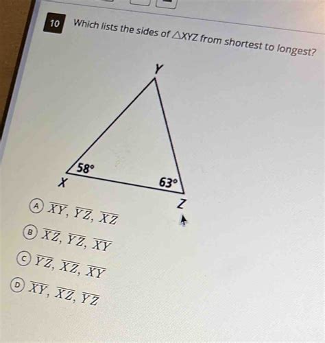 Solved Which Lists The Sides Of XYZ From Shortest To Longest A B Overline XZ Overline YZ Ov