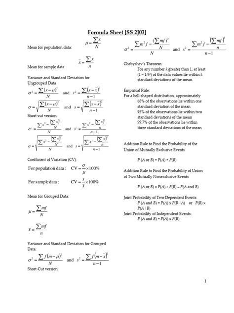 Test 1 Formula Sheet Pdf Standard Deviation Variance