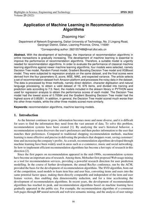 pdf application of machine learning in recommendation algorithms