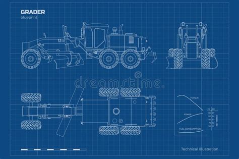 Outline Grader Drawing Industrial Cargo Transport Side Top And Front View Of Construction